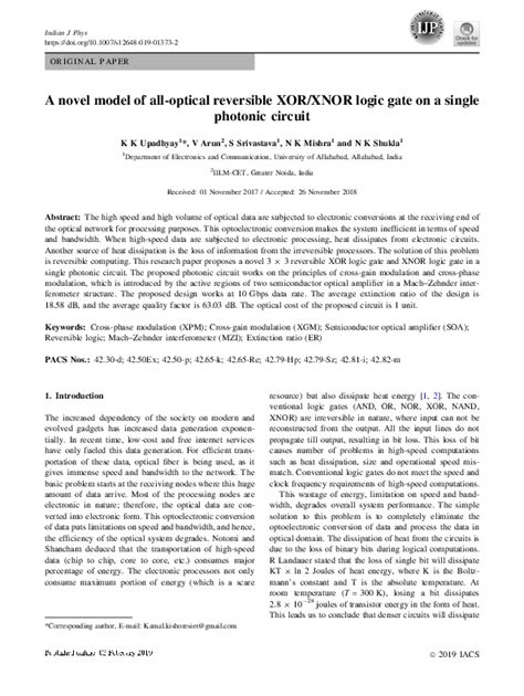 Pdf A Novel Model Of All Optical Reversible Xor Xnor Logic Gate On A Single Photonic Circuit