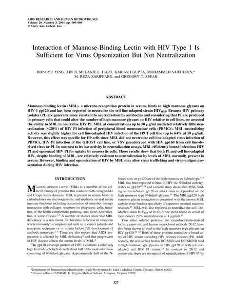 Pdf Interaction Of Mannose Binding Lectin With Hiv Type 1 Is Sufficient For Virus Opsonization