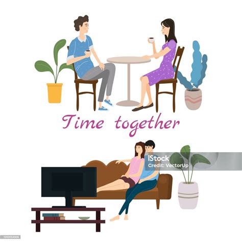 일상 생활 이나 젊은 로맨틱 한 관계의 일상 적인 장면에 사랑에 커플의 집합입니다 함께 시간을 보내거나 함께 휴식을 취 차 또는 커피를 마시고 먹고 Tv를보고 남성 여성