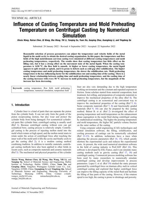 Pdf Influence Of Casting Temperature And Mold Preheating Temperature On Centrifugal Casting By