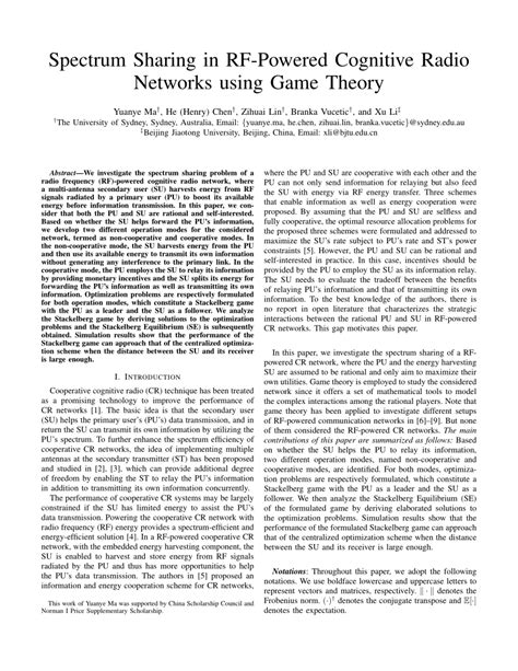 Pdf Spectrum Sharing In Rf Powered Cognitive Radio Networks Using Game Theory