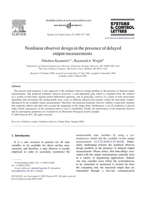 Pdf Nonlinear Observer Design In The Presence Of Delayed Output Measurments