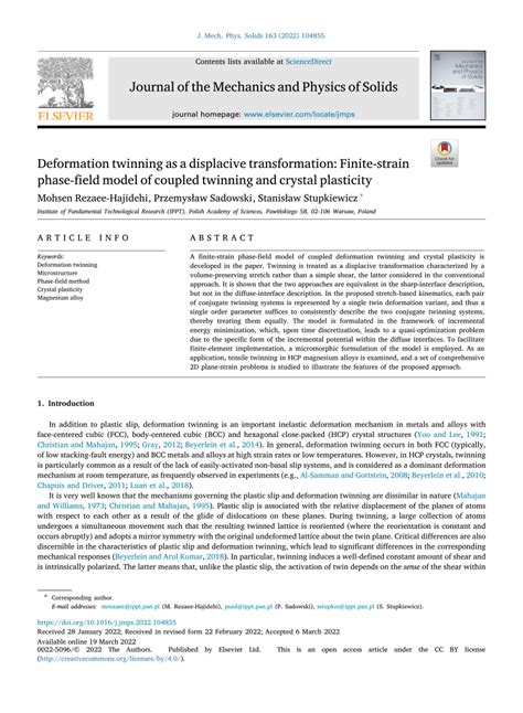 Pdf Deformation Twinning As A Displacive Transformation Finite Strain Phase Field Model Of