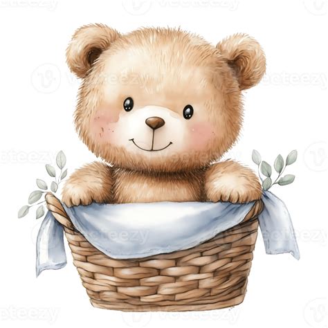 Un Linda Bebé Oso En Cesta Con Pastel Azul Acuarela 50591958 Png
