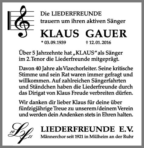 Traueranzeigen Von Klaus Gauer Trauer In Nrw De