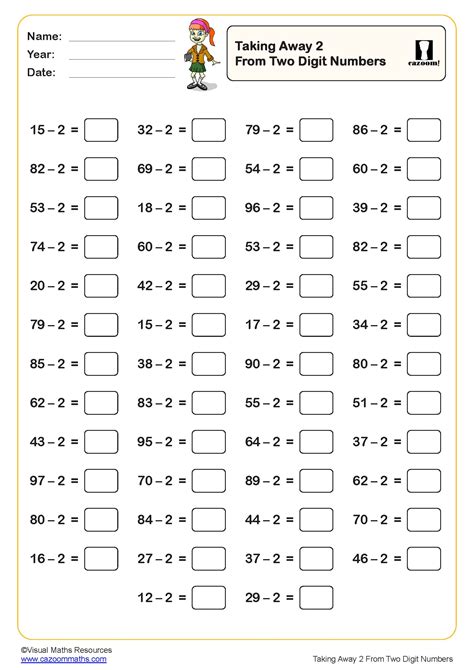 Taking Away 2 From Two Digit Numbers Worksheet 50 Questions Pdf Printable Subtraction Worksheets