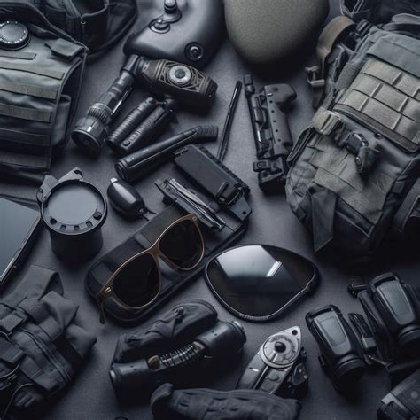 Premium Ai Image A Collection Of Different Items Including A Gun Sunglasses And A Helmet