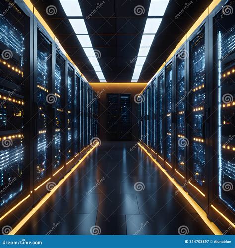 Two Rows Of Server Racks In Modern Data Centers Dark Room Illuminated By Vfx Effects Stock