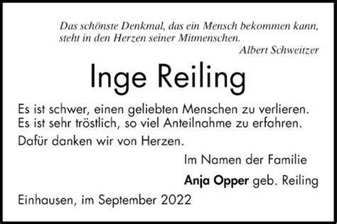 Traueranzeigen Von Inge Reiling Trauerportal Ihrer Tageszeitung