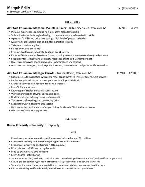 Assistant Restaurant Manager Resume Samples Velvet Jobs