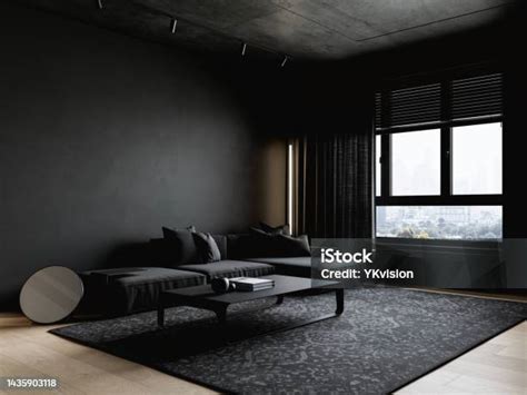 소파 카펫 램프 및 장식이있는 블랙 컨템포러리 미니멀리스트 인테리어 3d 렌더링 일러스트 모형 카페트에 대한 스톡 사진 및 기타 이미지 Istock