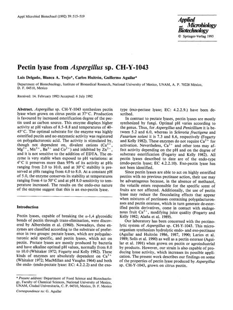 Pdf Pectin Lyase From Aspergillus Sp Ch Y 1043