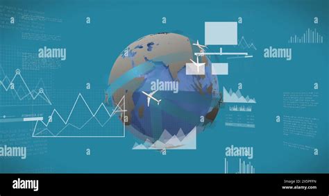 Image Of Statistical Data Processing And Airplane Icons Over Spinning
