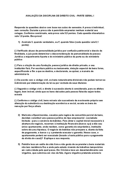 Prova 2 De Direito Civil I 1 Semestre 20241 Noturno Prof Daize