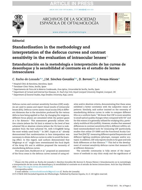 Pdf Standardisation In The Methodology And Interpretation Of The Defocus Curves And Contrast