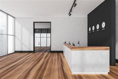 벽에 컴퓨터와 시계가있는 리셉션 인테리어 데스크 창문 0명에 대한 스톡 사진 및 기타 이미지 0명 3차원 형태 개념 Istock