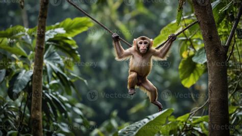 A Monkey Swinging Between Trees In A Lush Green Forest Stock Photo At Vecteezy