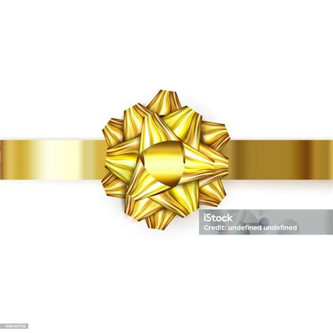 현실적인 골드 선물 활 긴 리본에 흰색 배경으로 고립 된 크리스마스 새 해 인사 카드 광고 포스터 또는 배너에 대 한 황금 기호입니다 3차원 형태에 대한 스톡 벡터 아트 및