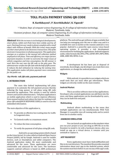 Irjet Toll Plaza Payment Using Qr Code Pdf