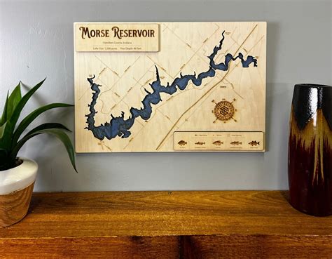 Morse Reservoir Hamilton Co In Wooden Engraved Map Wall Art Home Décor Lake Home Nautical