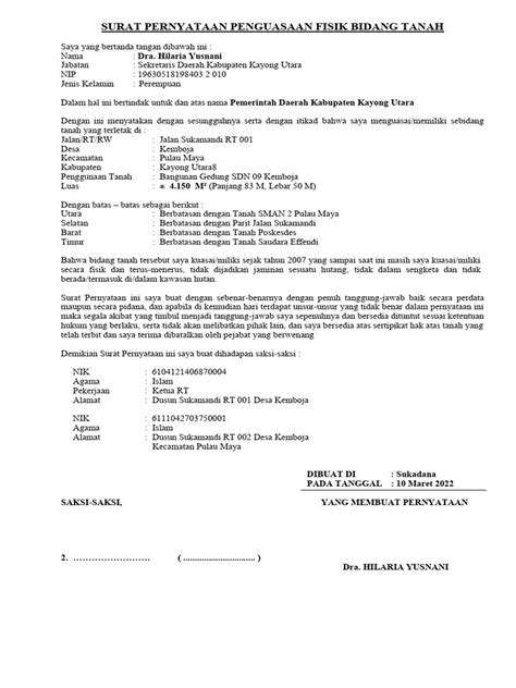 contoh surat pernyataan penguasaan fisik bidan tanah point 3 pdf