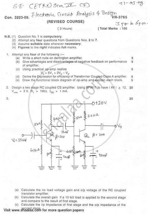 Question Paper BE Electronics Engineering Semester SE Second Year Electronic Circuit