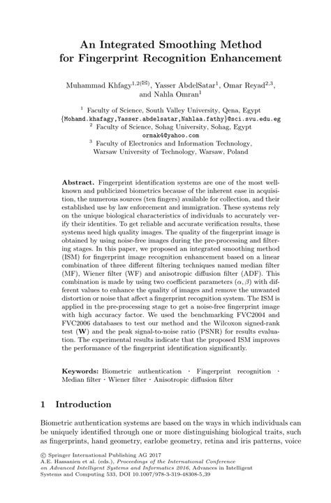 Pdf An Integrated Smoothing Method For Fingerprint Recognition