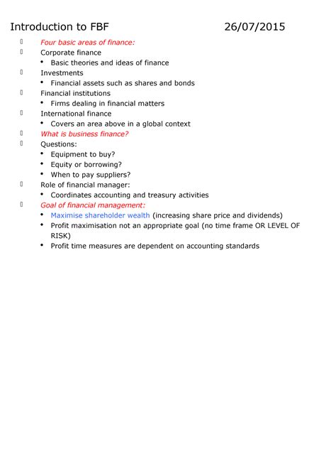 Fundamentals Of Business Finance Notes Uts Introduction To Fbf 26072015 Four Basic Areas Of