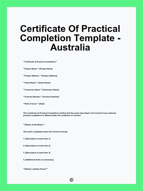 Certificate Of Practical Completion Template Australia