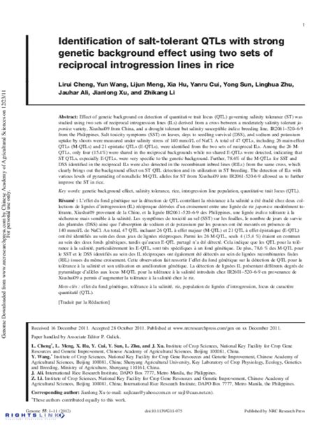 Pdf Identification Of Salt Tolerant Qtls With Strong Genetic Background Effect Using Two Sets