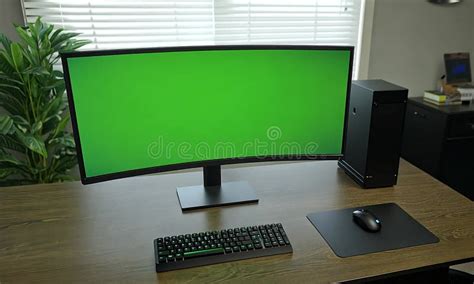 Modern Workspace Featuring A Curved Green Screen Monitor Keyboard And Mouse On A Wooden Desk