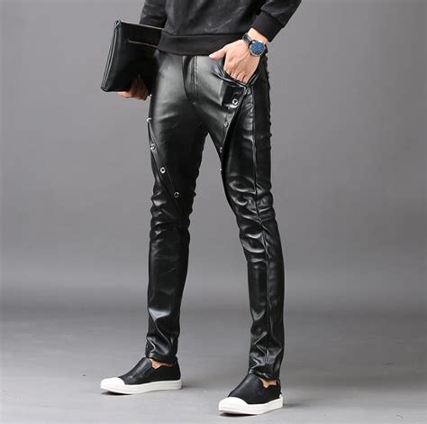 겨울 성격 패션 슬림 오토바이 가짜 가죽 바지 남성 피트 바지 남성용 Pu 바지 Pantalon Homme Black Autumntrousers For Men