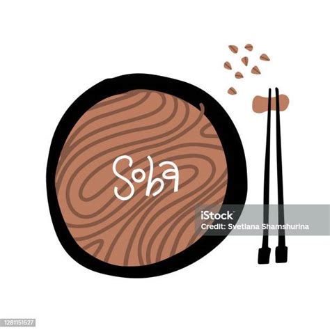 그릇과 젓가락에 메밀 국수는 흰색 배경에 고립 된 소바를 들고있다 만화 간단한 플랫 스타일로 조리 된 소바 국수의 벡터 일러스트
