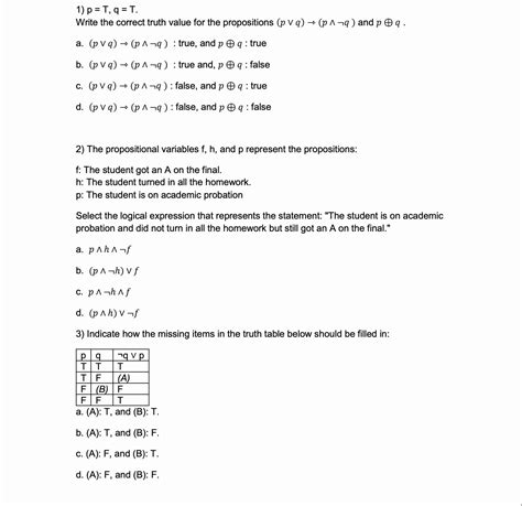 solved p t q t write the correct truth value for the