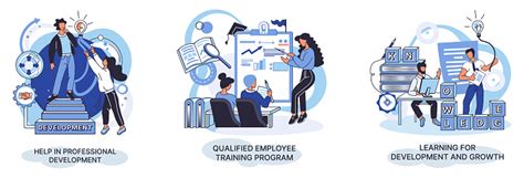 전문성 개발에 도움이됩니다 자격을 갖춘 직원 교육 프로그램 소프트웨어 개발 및 성장을 위한 학습 개념에 대한 스톡 벡터 아트 및