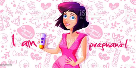 만화 스타일의 임신 계획의 개념 아기 추상적인 매끄러운 배경에 긍정적인 임신 테스트를 한 즐거운 어린 소녀 가족에 대한 스톡 벡터 아트 및 기타 이미지 Istock