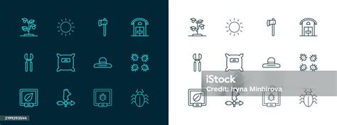 세트 라인 농가 수탉 풍향계 농부 노동자 모자 콜로라도 딱정벌레 씨앗으로 가득 찬 팩 나무 도끼 새싹 및 태양 아이콘 벡터 감자