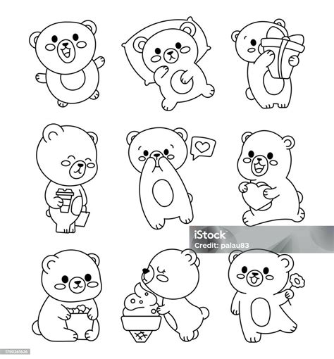 귀여운 카와이는 다른 포즈를 취합니다 색칠 공부 페이지 이모티콘 만화 캐릭터입니다 손으로 그린 스타일 벡터 그리기 디자인 요소 모음입니다 0명에 대한 스톡 벡터 아트 및