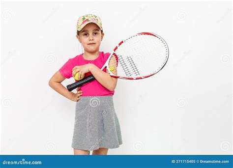 Girl Holding Tennis Racket And Tennis Ball Isolated On White Stock