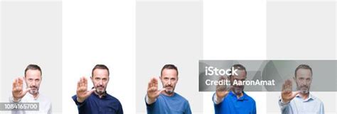 중지 하 고 격리 된 배경 위에 중 년 수석 노인의 남자의 콜라주는 손의 종 려를 가진 노래 얼굴에 부정적이 고 심각한 제스처와 경고 식입니다 쓰레기에 대한 스톡 사진 및