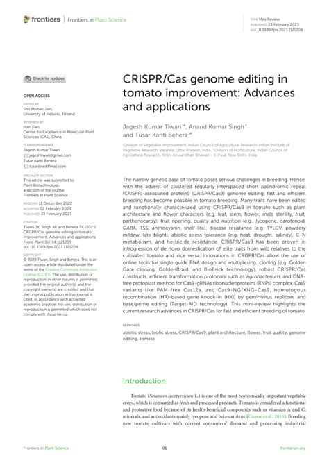 Pdf Crisprcas Genome Editing In Tomato Improvement Advances And Applications