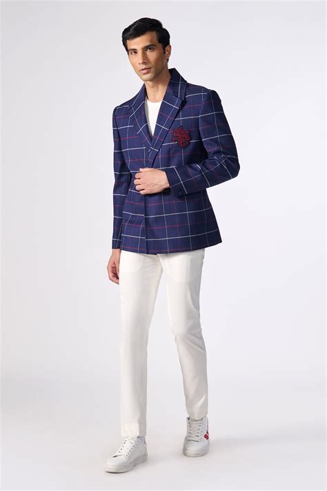 Buy Blue Cotton Embroidered Logo Placement Blazer Jacket For Men By Sandn