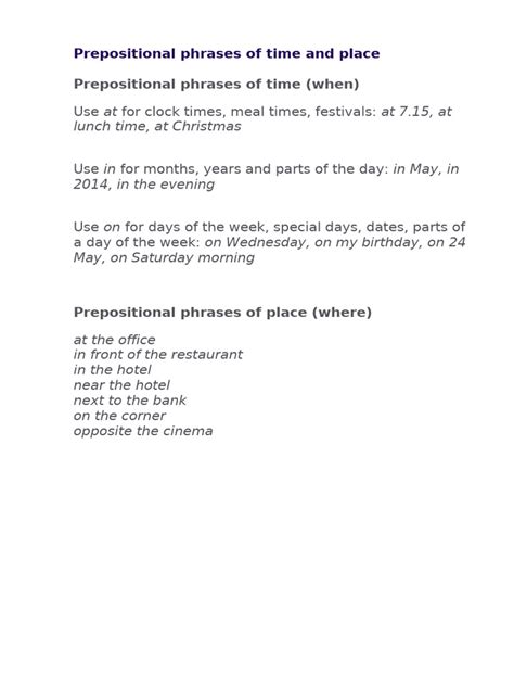Prepositional Phrases Of Time And Place Pdf