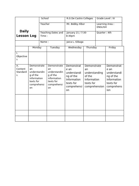 Grade Iv English Lesson Log Pdf