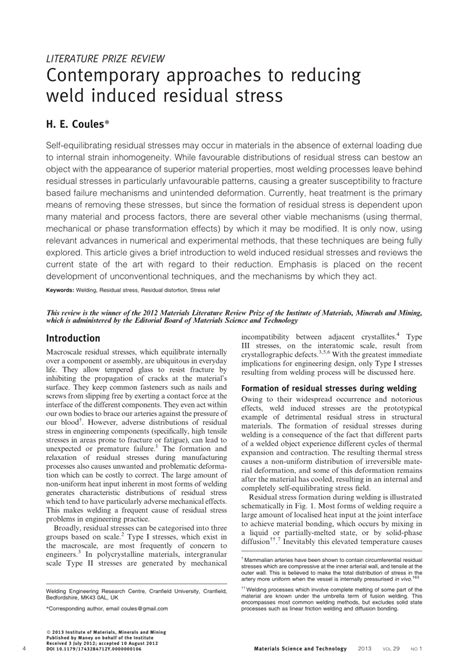 Pdf Contemporary Approaches To Reducing Weld Induced Residual Stress