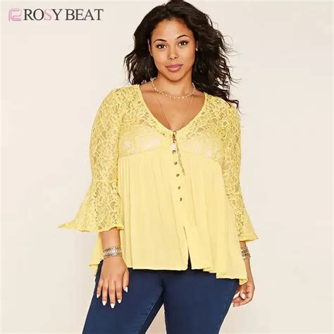 2016 Large Size Women Sexy Lace Blouse Plus Size 5xl 6xl V Neck Flare