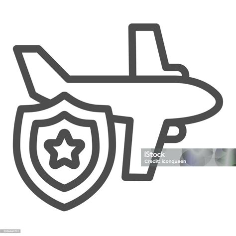 에어 버스 비행기 및 안전 엠블럼 라인 아이콘 열대 항해 개념 벡터 그래픽입니다 흰색 배경에 일반 비행기 및 서비스 방패 기호 모바일 또는 웹 디자인에 대한 개요 스타일