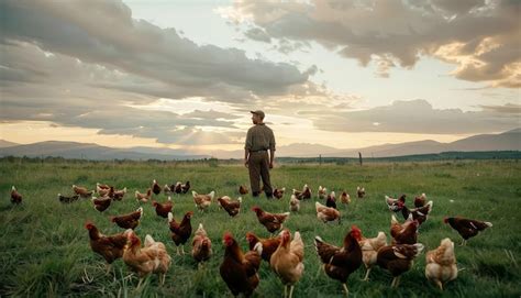 Premium Photo A Man Stands In A Field Of Chickens