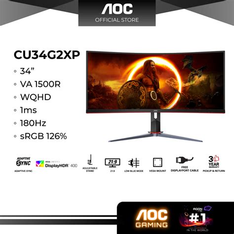 AOC CU34G2XP 34 Curved Gaming Monitor 34 VA UWQHD 1MS 180HZ ADAPTIVESYNC HD MI DP