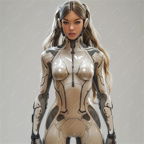 Sexy Female Robot With Long Hair Wearing Headphones And Looking At Camera Premium Ai Generated